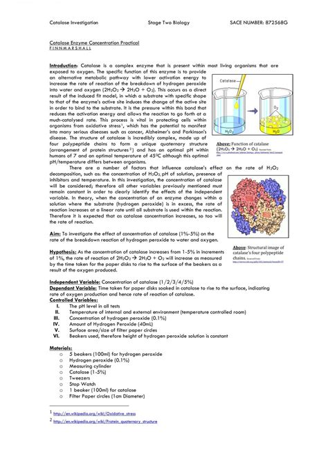 Catalase Enzyme Concentration Practical Chemistry Year 11 Sace Thinkswap