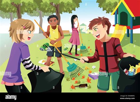 A vector illustration of kids volunteering by cleaning up the park ...