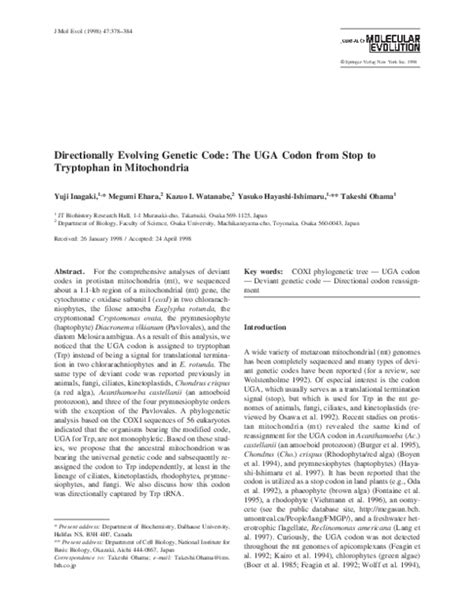 Pdf Directionally Evolving Genetic Code The Uga Codon From Stop To Tryptophan In Mitochondria
