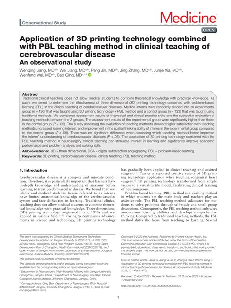 Pdf Application Of 3d Printing Technology Combined With Pbl Teaching Method In Clinical