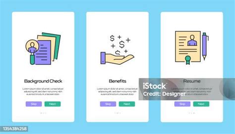 플랫 아이콘이 있는 모바일 앱 페이지 화면의 작업 및 이력서 개념 Ux Ui 디자인 템플릿 벡터 일러스트레이션 동의에 대한 스톡 벡터 아트 및 기타 이미지 Istock