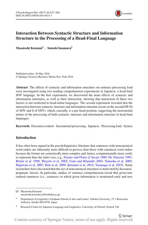 Interaction Between Syntactic Structure And Information Structure In The Processing Of A Head