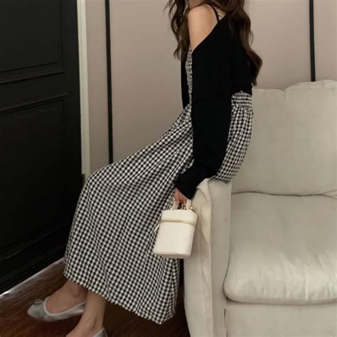 여성 투피스 2way 블랙 체크 나시 가디건 원피스 에이블리
