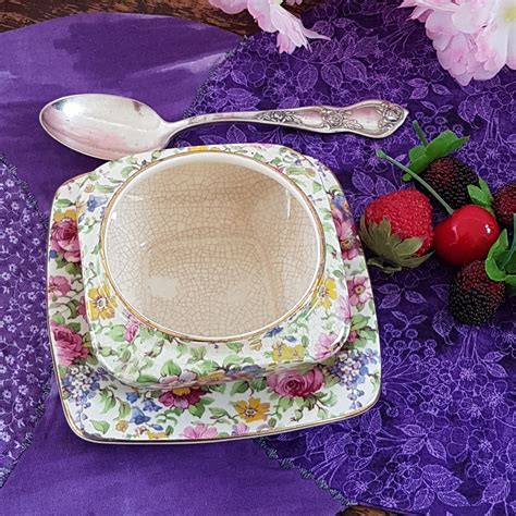 Vintage Summertime Jam Pot 1930s English Chintz Pottery Floral Saucer