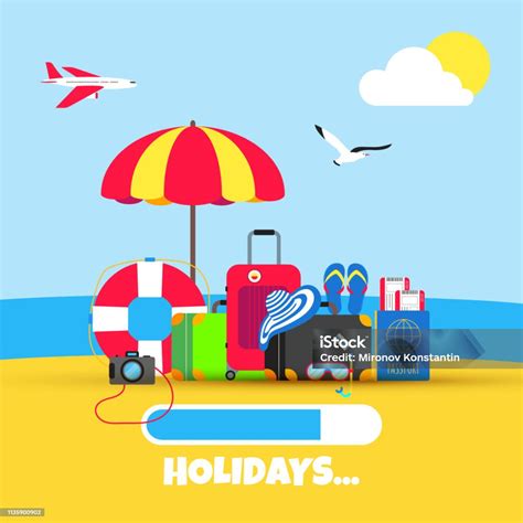 여름 휴가 열 대 휴가 평면 스타일 디자인 구성 진행 로드 바 및 텍스트 휴일 수화물 가방 바다 수영 마스크 우산 벡터 일러스트 레이 션 흰색 절연 가방에 대한 스톡 벡터
