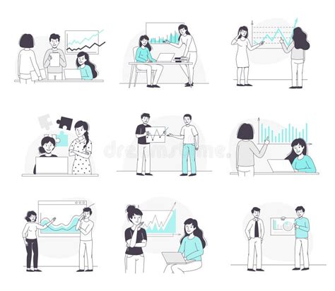 business people character presenting graph working with data vector set