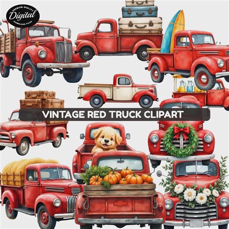 Vintage Red Truck Clipart Bundle Watercolor Farmhouse Truck Graphics