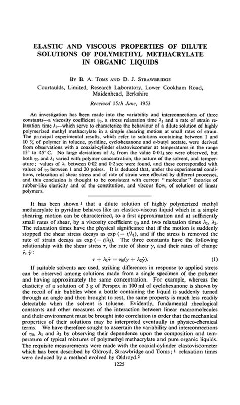 Elastic And Viscous Properties Of Dilute Solutions Of Polymethyl Methacrylate In Organic Liquids