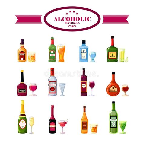 Alcoholic Beverages Drinks Flat Icons Set Stock Vector Illustration