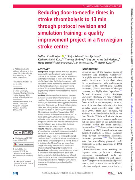 Pdf Reducing Door To Needle Times In Stroke Thrombolysis To 13 Min