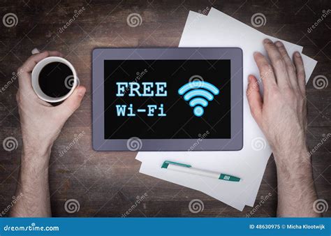 Tablet With Wi Fi Connection On A Wooden Desk Stock Image Image Of Center Radio
