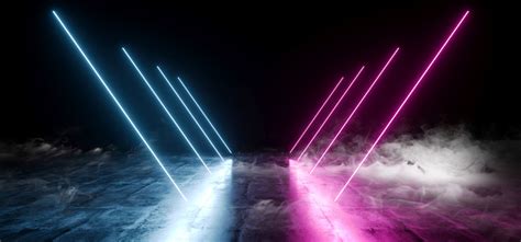 연기 안개 어두운 빈 검은 삼각형 네온 빛나는 레이저 형광 가상 현실 블루 퍼플 활기찬 조명 그런 지 콘크리트 반사 바닥 빈 홀