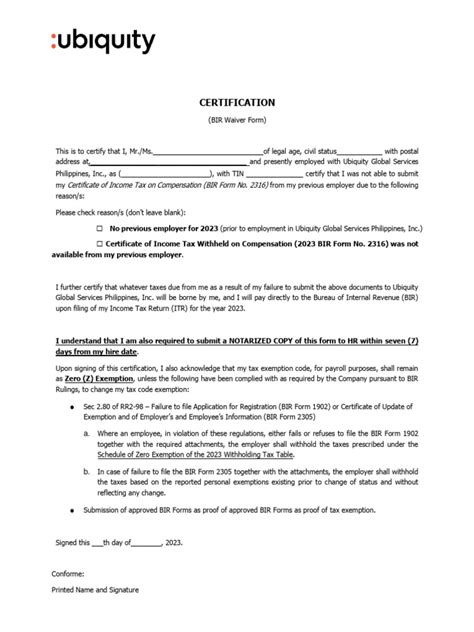 2023 Bir Waiver 2316 Pdf