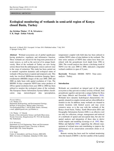 Pdf Ecological Monitoring Of Wetlands In Semi Arid Region Using Remote Sensing Gis And Ground