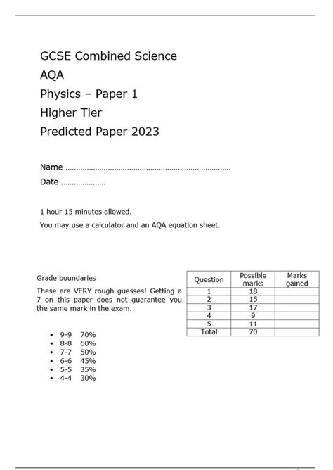 GCSE Combined Science AQA Physics Paper 1 Higher Tier Predicted Paper 2023 With Marking Scheme