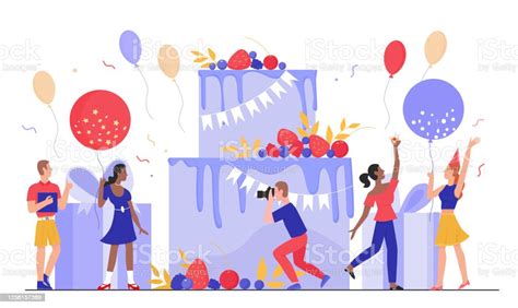 생일 파티 벡터 일러스트 만화 작은 평면 남자 캐릭터는 함께 재미를 행복한 친구는 큰 선물 케이크에서 생년월일을 축하 개념에