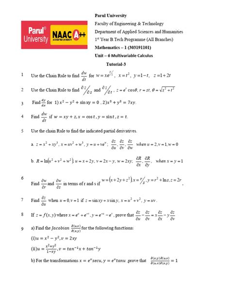 Tutorial 3 Mathematics 1 Multivariable Caculus Pdf Differential