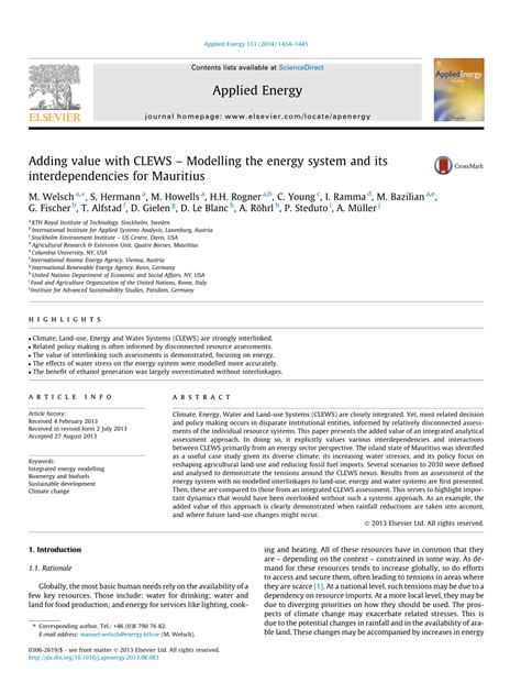 Pdf Adding Value With Clews Modelling The Energy System And Its