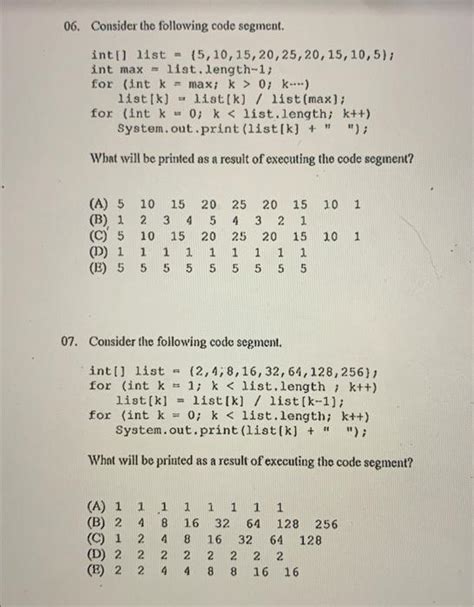 Solved 06. Consider the following code segment. int]l] | Chegg.com