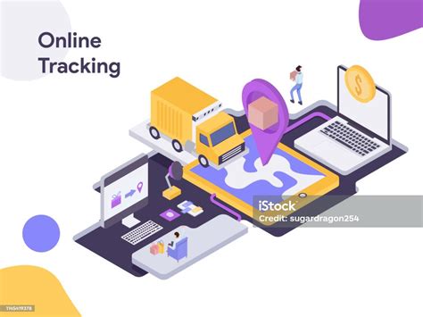 온라인 배달 추적 아이소메트릭 그림입니다 웹 사이트 및 모바일 웹 사이트에 대 한 현대적인 평면 디자인 스타일 벡터 일러스트 화물 운송에 대한 스톡 벡터 아트 및 기타