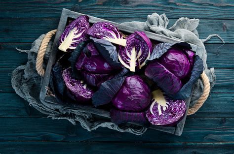 나무 상자에 보라색 양배추입니다 유기 음식입니다 최고의 볼 수 있습니다 텍스트에 대 한 여유 공간입니다 농업에 대한 스톡 사진 및 기타 이미지 Istock