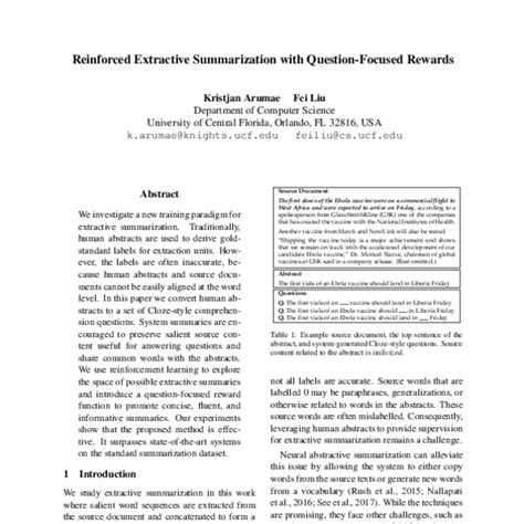 Reinforced Extractive Summarization With Question Focused Rewards Acl