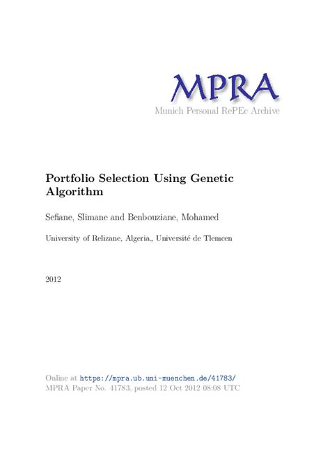 Pdf Portfolio Selection Using Genetic Algorithm