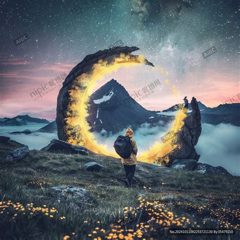 Ai创作图合成炫酷风格 创意合成图片 意境图片星月山川挂图 星空山川设计 巨型星空海报 唯美星空海报 创意合成海报 超现实主义图片 拍照星空