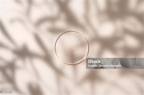 나뭇잎 그림자가 있는 베이지색 배경에 빈 원형 유리 연단으로 만든 화장품 프레젠테이션 모형 장면 느긋한 여름 무드의 구성 건설