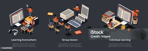 어디서나 온라인 공부 그룹 및 개인 원격 온라인 E 러닝 자기 교육 책상에서 선생님의 말을 듣고 원격 과정을 수강하는 학생들 아이소메트릭 3d 벡터 일러스트 세트 3차원
