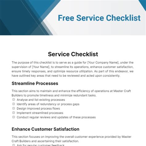 Free Service Checklist Templates Editable And Printable