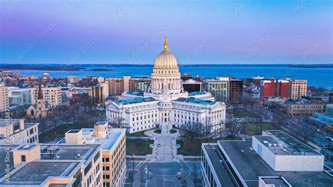 Wisconsin State Capitol Building Downtown Madison Wi Aerial Drone