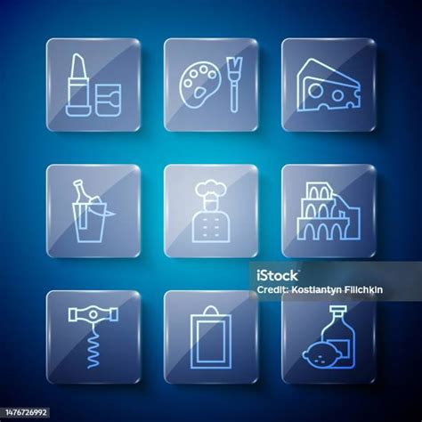 세트 라인 와인 코르크 마개 그림 리몬첼로 병 치즈 이탈리아 요리사 와인 양동이 한 병 립스틱 및 콜로세움 로마 아이콘 벡터 0