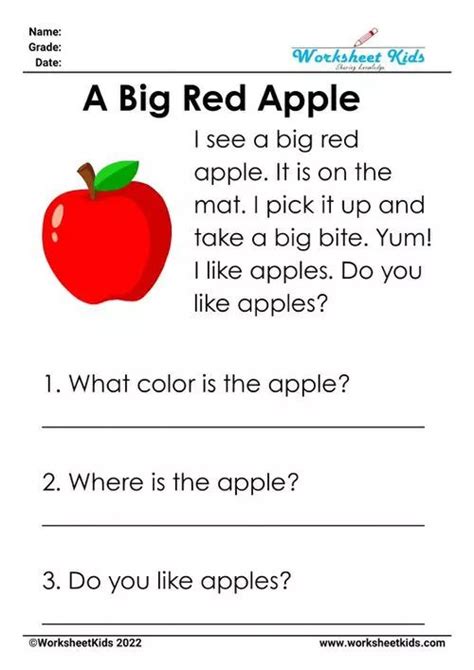 A Big Red Apple Worksheet For Kindergarten Reading Comprehension Big