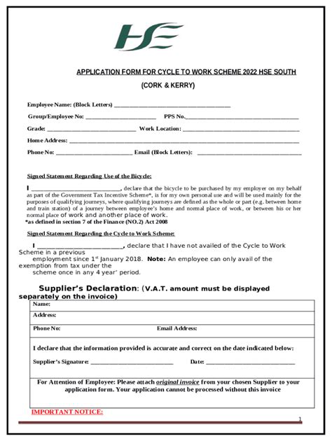 Application For Cycle To Work Scheme 2022 Hse South Doc Template