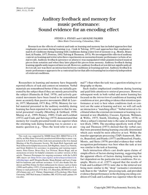 Pdf Auditory Feedback And Memory For Music Performance Sound Evidence For An Encoding Effect