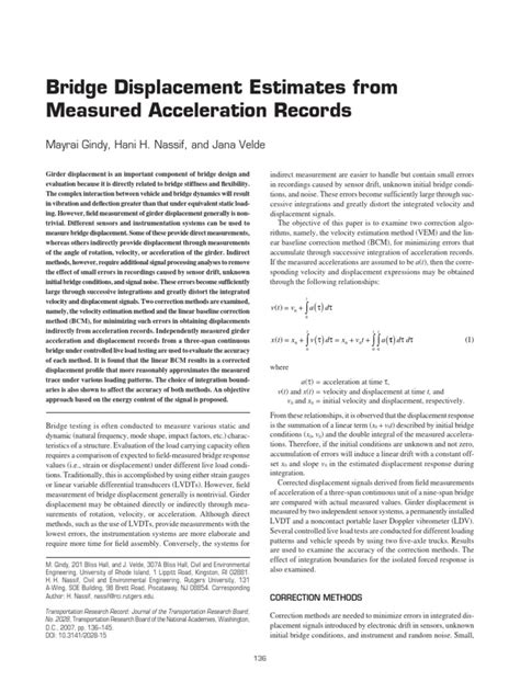 2007 Bridge Displacement Estimates From Measured Acceleration Records