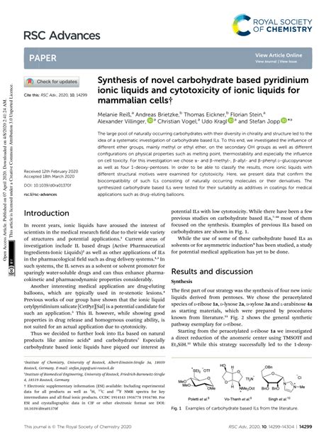Pdf Synthesis Of Novel Carbohydrate Based Pyridinium Ionic Liquids And Cytotoxicity Of Ionic