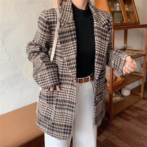 2022 Elegant Autumn Winter Plaid Women Blazer Coat Causal Long Sleeve