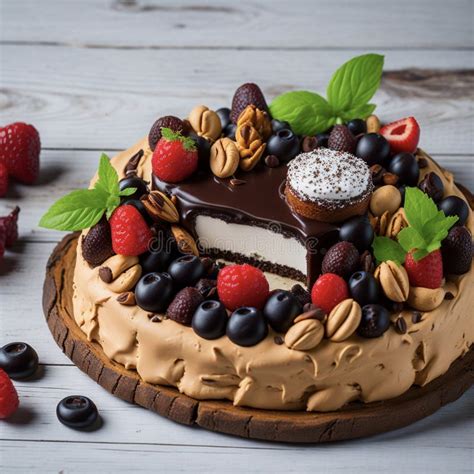 A Tempting Cake Piece With Macaroons Chocolate Milk Cream Nuts And