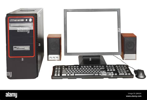 Black Desktop Computer Display With Cutout Screen Keyboard Mouse Speakers Isolated On White
