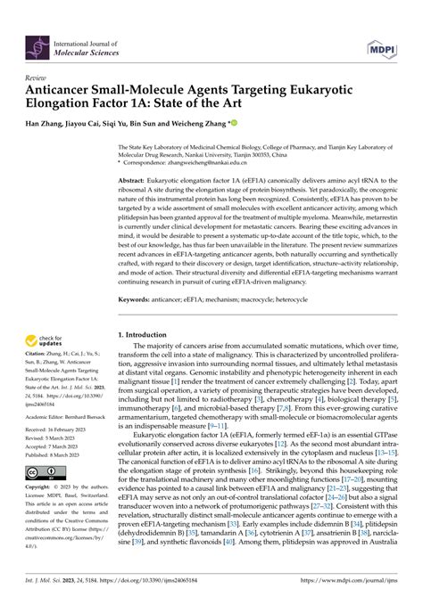 PDF Anticancer Small Molecule Agents Targeting Eukaryotic Elongation Factor A State Of The Art