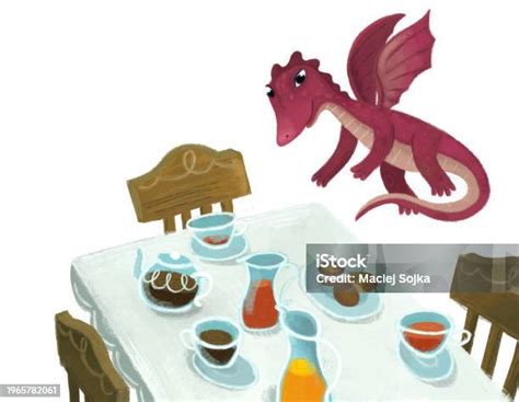 저녁 식사 테이블과 많은 음식이 있는 드래곤 도마뱀과 함께 만화 장면 어린이를 위한 흰색 배경 그림 공주에 대한 스톡 벡터 아트