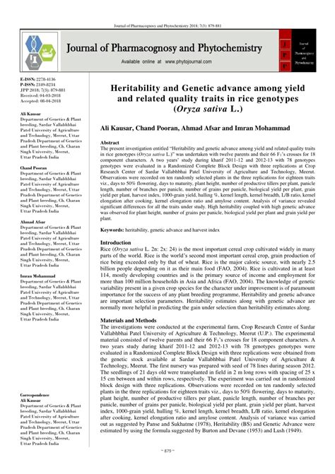 Pdf Heritability And Genetic Advance Among Yield And Related Quality Traits In Rice Genotypes