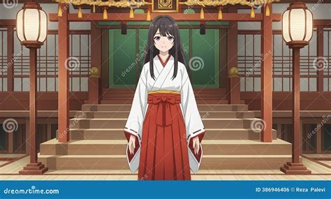 Miko Shrine Maiden Shintoism Icon Doodle Illustration Cartoon Vector