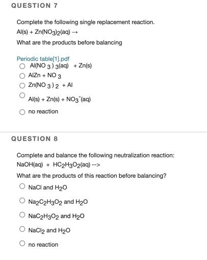 Solved Question 7 Complete The Following Single Replacement