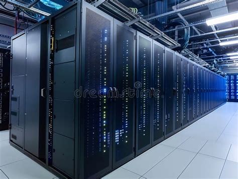 computer cluster of servers in data center lined up with electrical