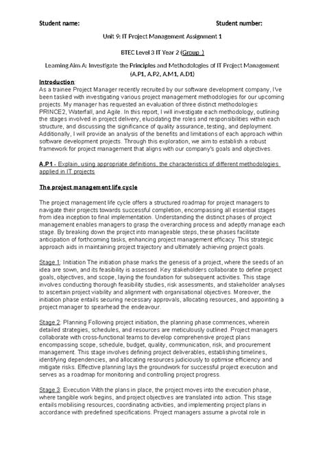 Unit 9 Assignment 1 Unit 9 It Project Management Assignment 1 Btec