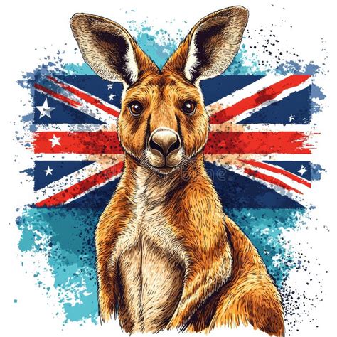 Watercolor Depiction Of A Kangaroo And The Australian Flag For