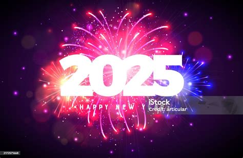 2025 새해 복 많이 받으세요 그림 와 백색 숫자 와 밤 파란 배경 바탕 불꽃놀이 와 벽 전단지 인사말 카드 배너 축하 포스터 파티 초대장 또는 달력에 대한 타이포그래피